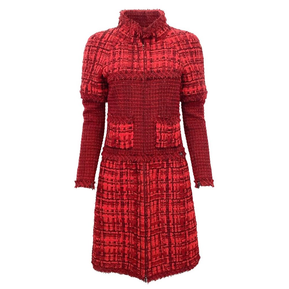 Chanel Red Tweed Zip Front Coat - Gem